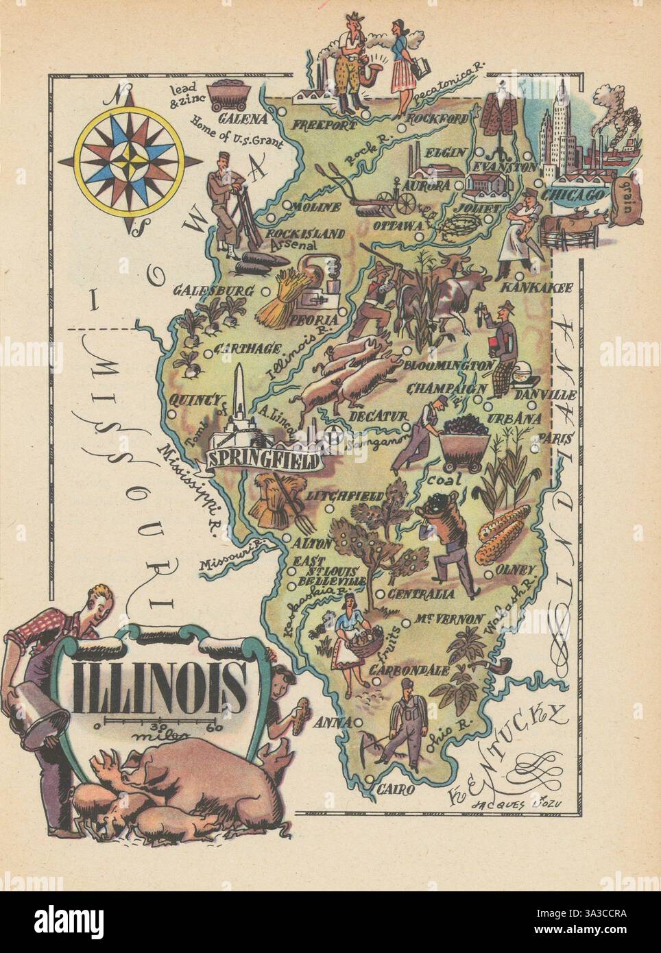 Illinois small state map by Jacques Liozu 1946 old vintage plan chart ...