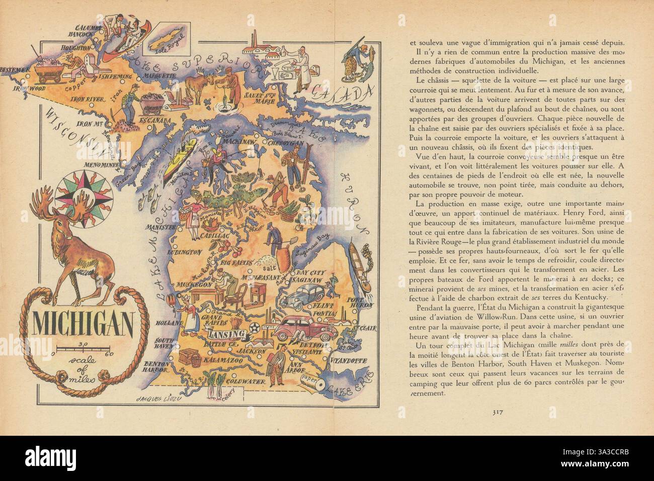 Michigan small state map by Jacques Liozu 1946 old vintage plan chart ...