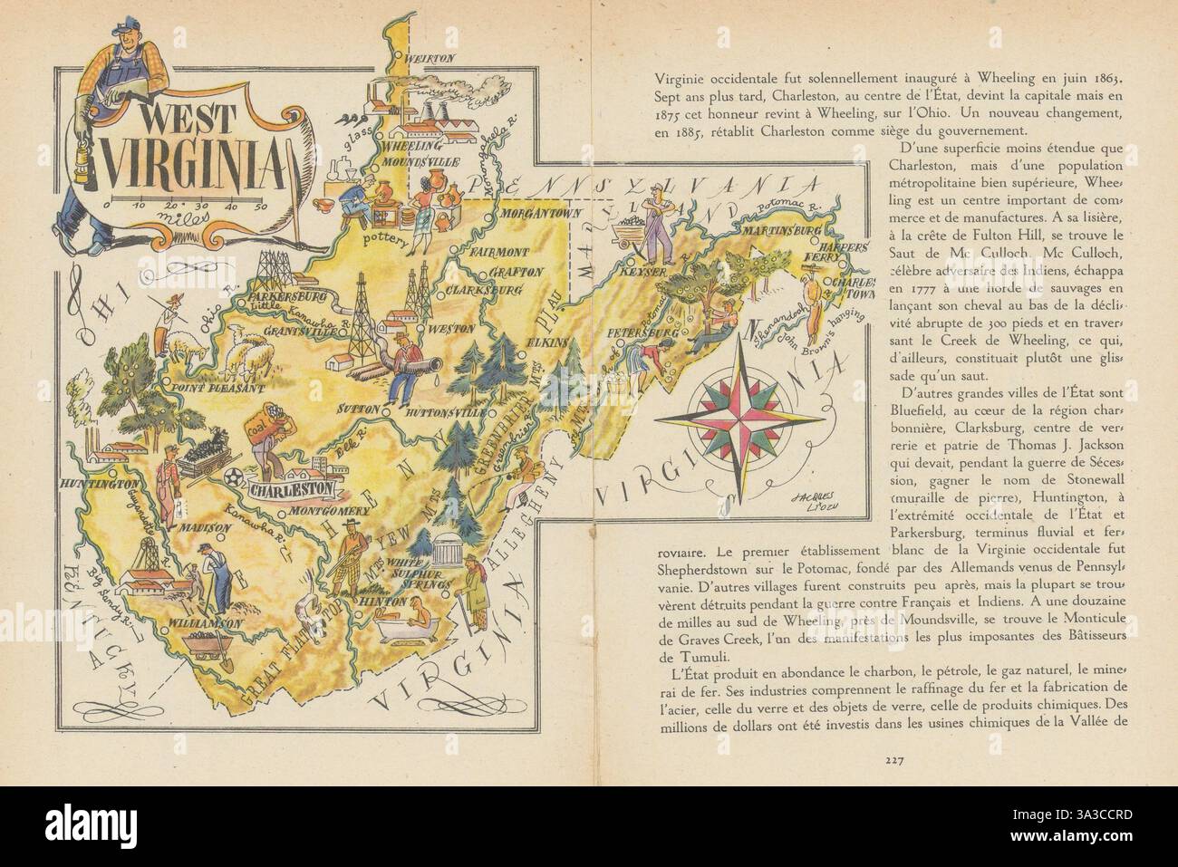 West Virginia small state map by Jacques Liozu 1946 old vintage plan ...