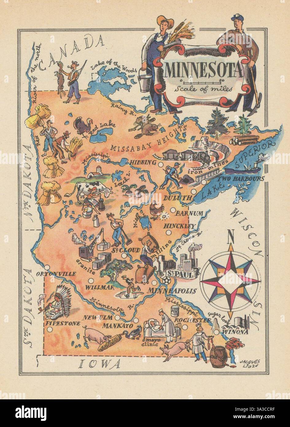 Minnesota small state map by Jacques Liozu 1946 old vintage plan chart ...