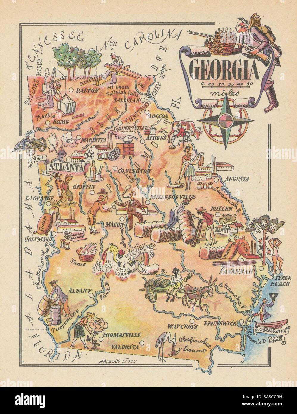 Georgia small state map by Jacques Liozu 1946 old vintage plan chart ...