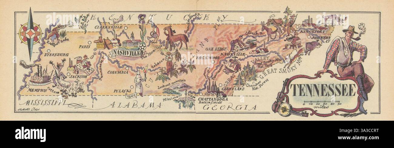 Tennessee small state map by Jacques Liozu 1946 old vintage plan chart ...