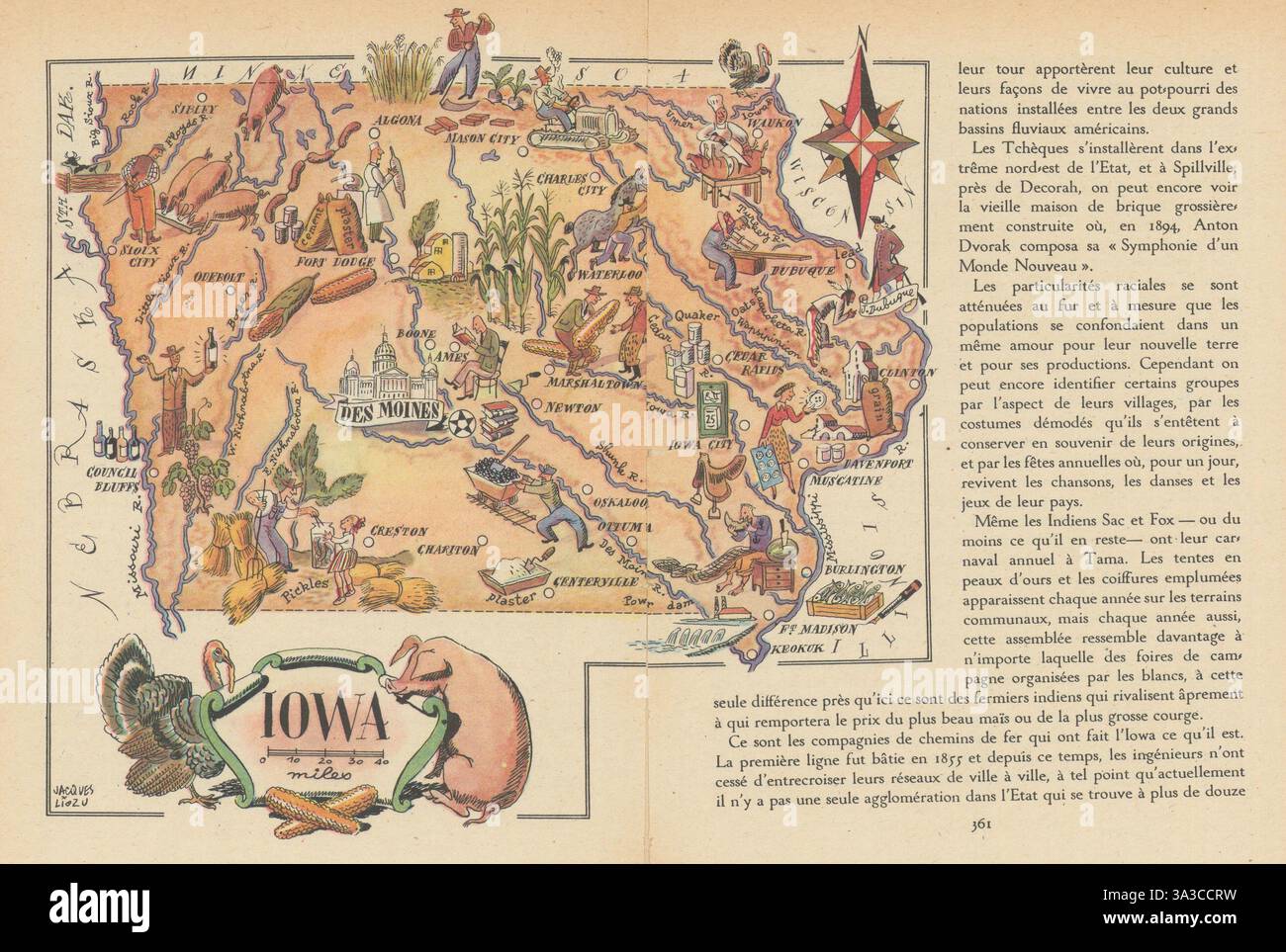Iowa small state map by Jacques Liozu 1946 old vintage plan chart Stock ...
