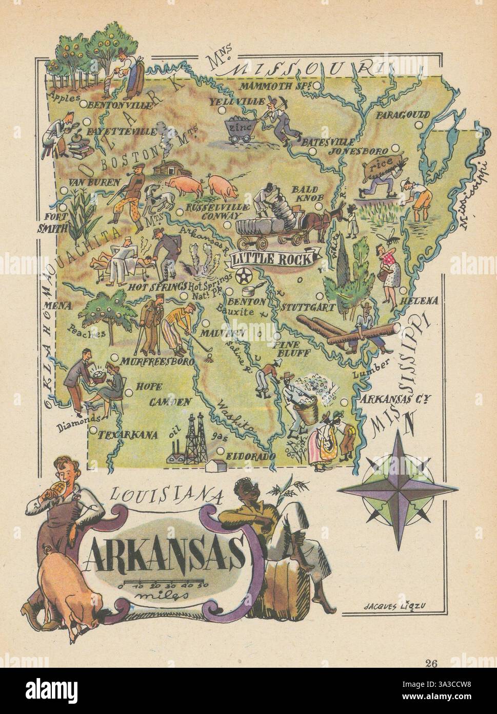 Arkansas small state map by Jacques Liozu 1946 old vintage plan chart ...