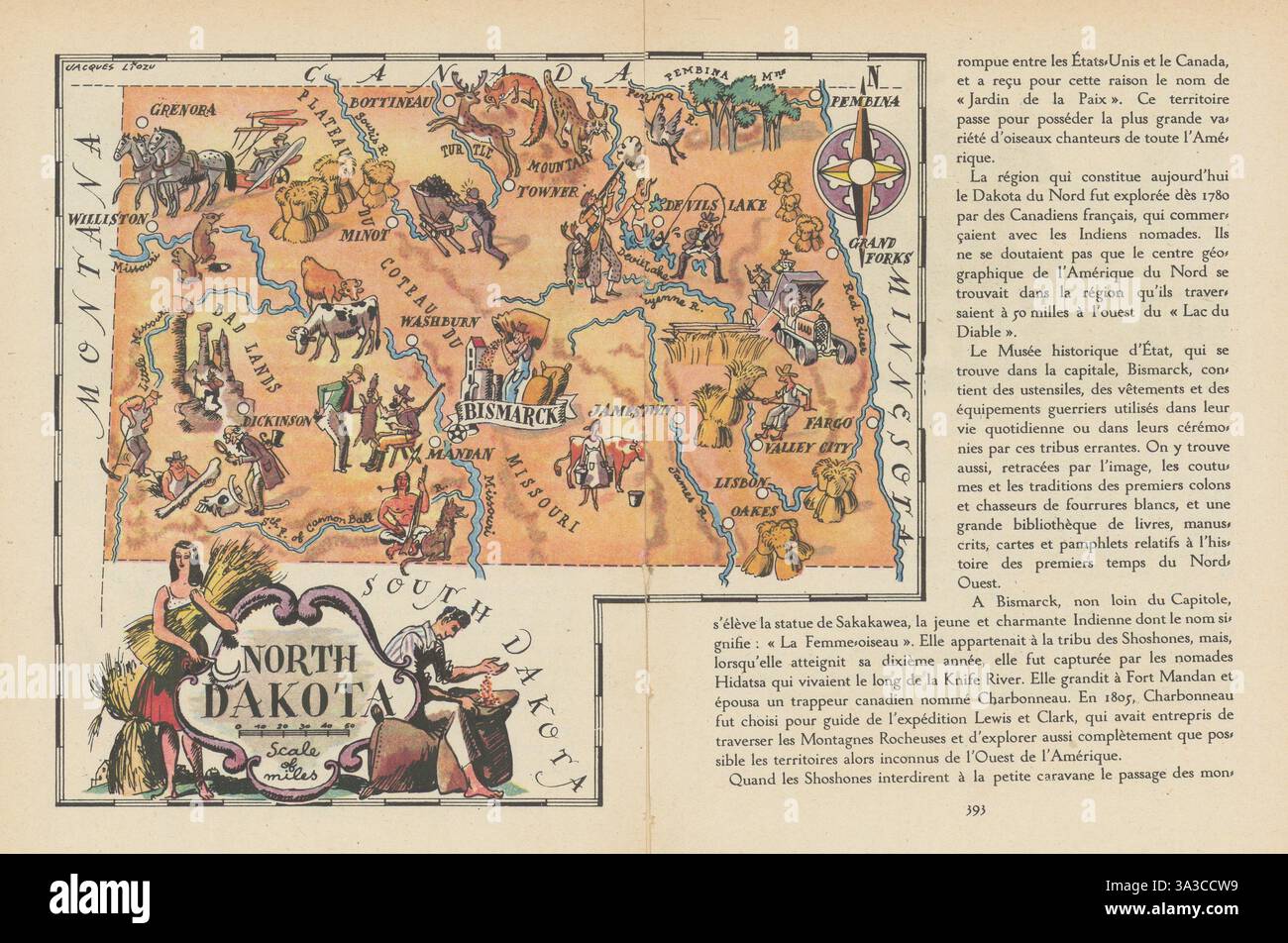North Dakota small state map by Jacques Liozu 1946 old vintage plan ...