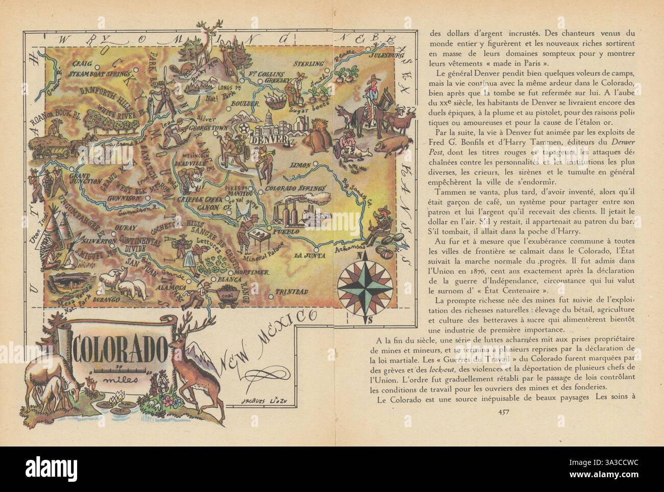 Colorado small state map by Jacques Liozu 1946 old vintage plan chart ...