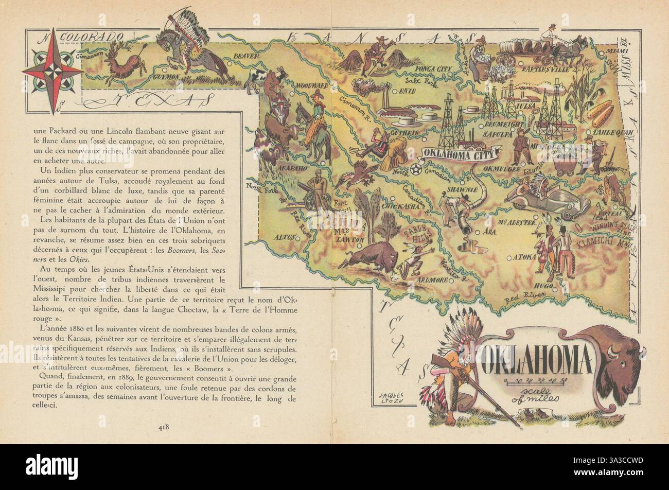 Oklahoma small state map by Jacques Liozu 1946 old vintage plan chart ...