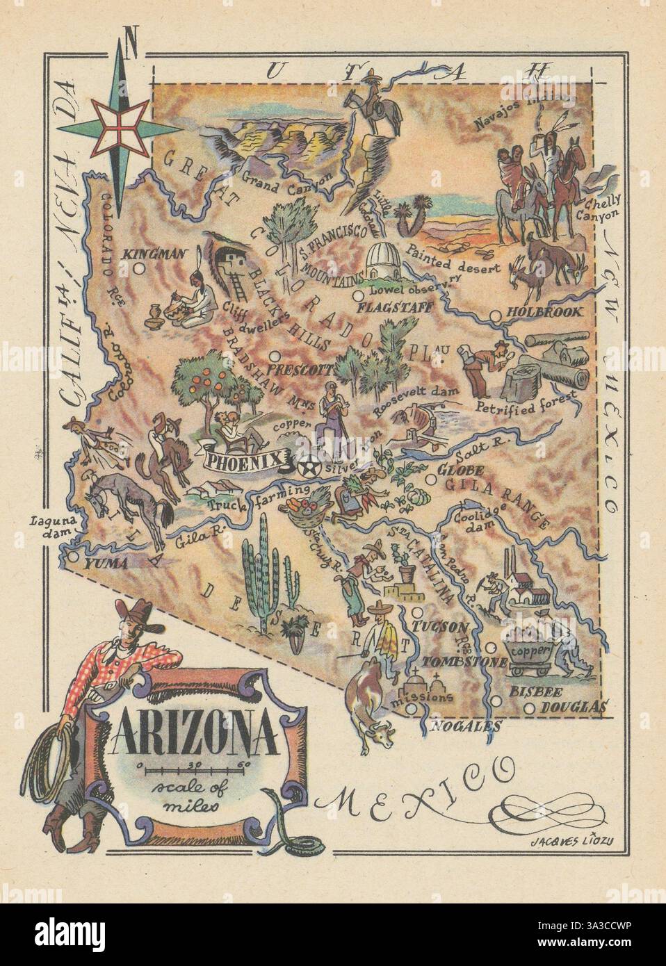 Arizona small state map by Jacques Liozu 1946 old vintage plan chart ...