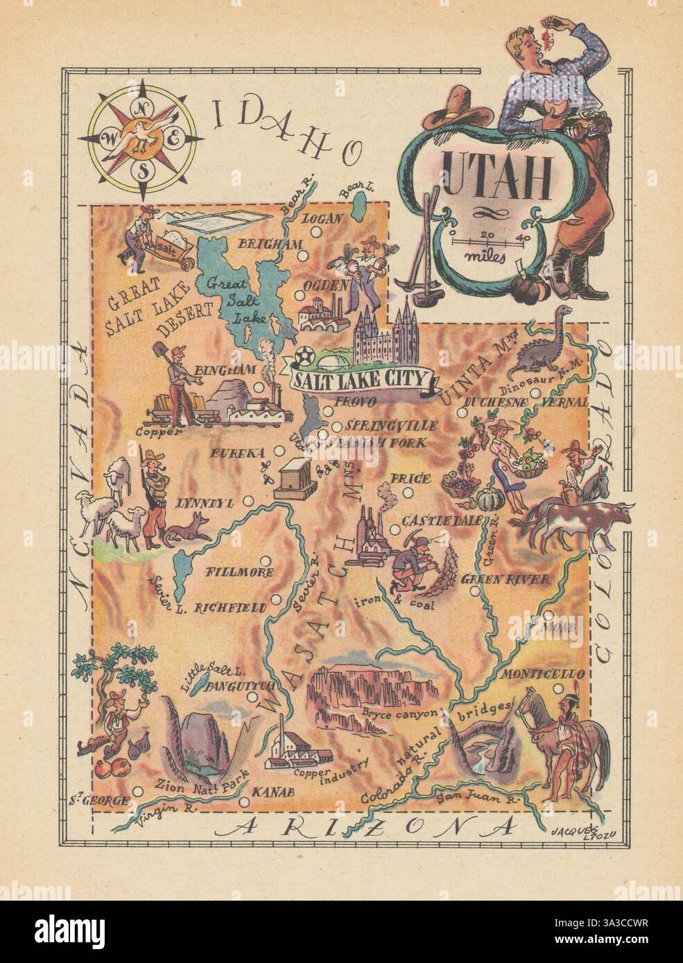 Utah small state map by Jacques Liozu 1946 old vintage plan chart Stock ...