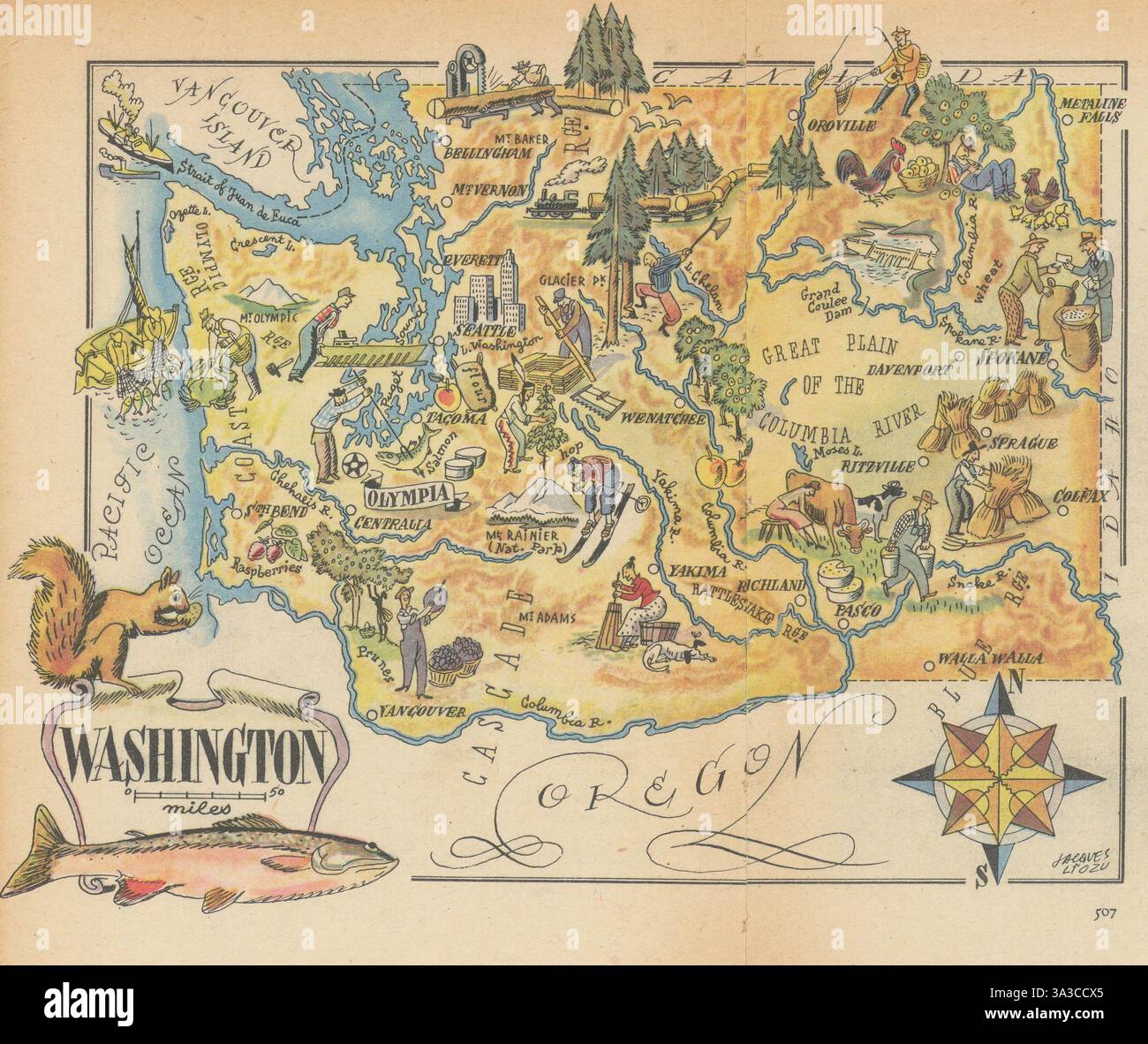 Washington small state map by Jacques Liozu 1946 old vintage plan chart ...