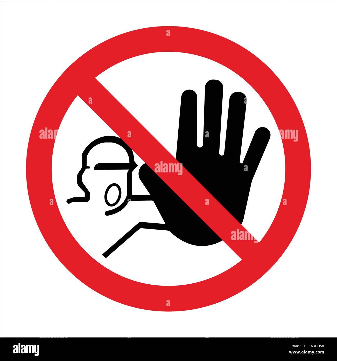 Prohibition sign with hand gesture and worker with protective glasses, indicating no access for ...