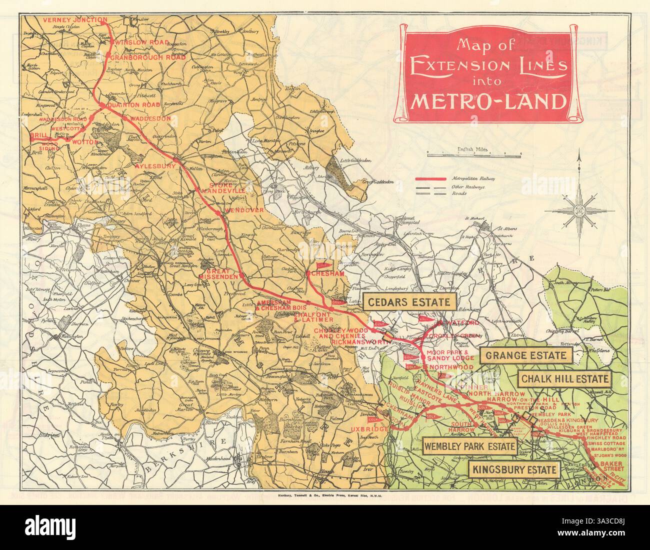Map of Extension Lines into Metro-land. Metropolitan London underground ...