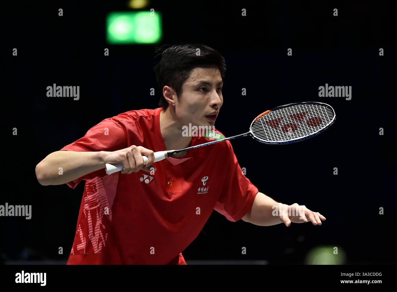 China's Shi Yu Qi in action against compatriot Li Shi Feng during the men's single semi final ...