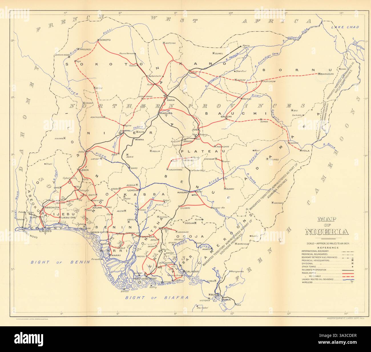 Antique map of Nigeria by Nigeria Surveys, Lagos 1929 old chart Stock ...