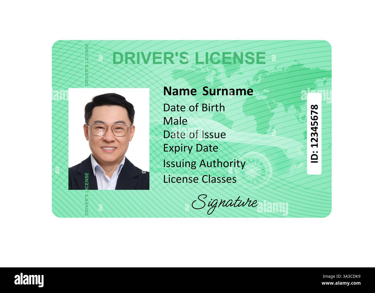Driver's license with photo of man and world map illustration isolated ...