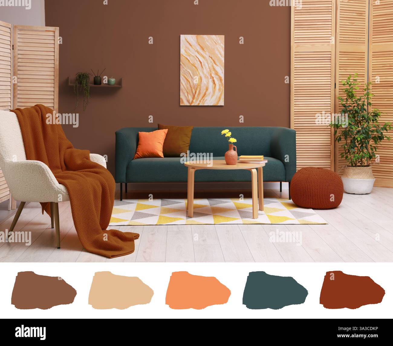 Stylish living room with elements in mocha mousse shade. Interior ...