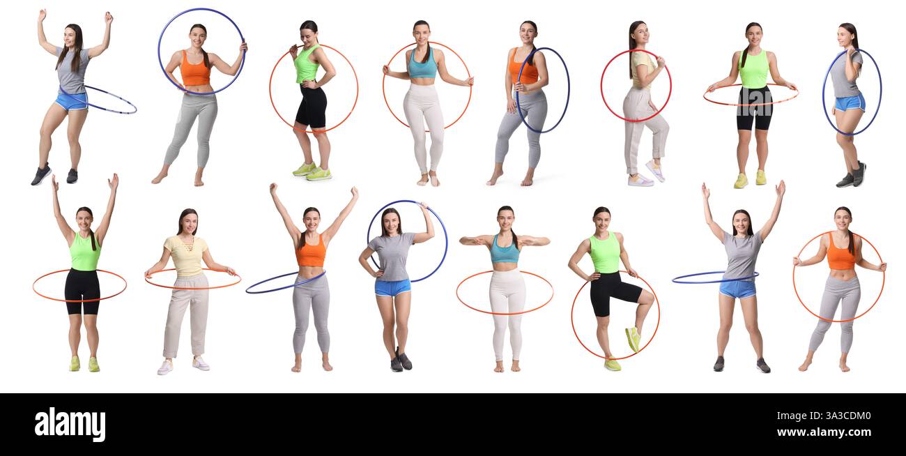 Beautiful young woman training with hula hoops on white background ...