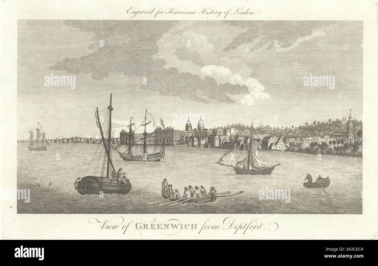 "View of Greenwich from Deptford", London. HARRISON 1776 old antique ...