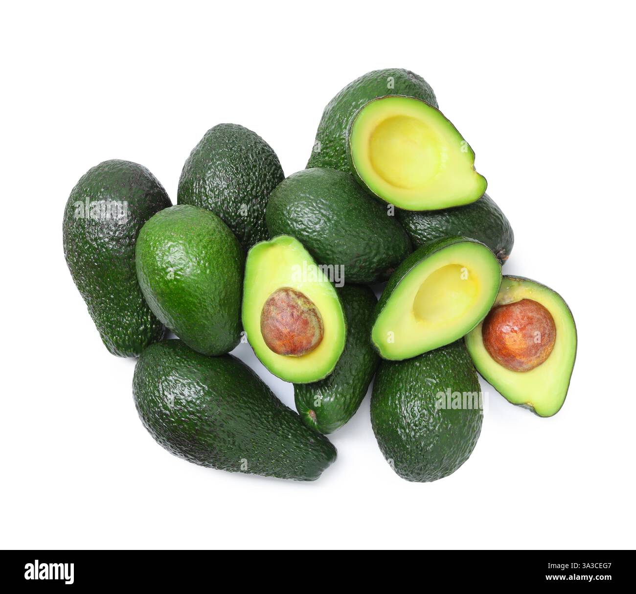 Many whole and cut avocados isolated on white, top view Stock Photo - Alamy