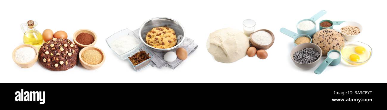 Different types of dough and ingredients isolated on white, set Stock ...