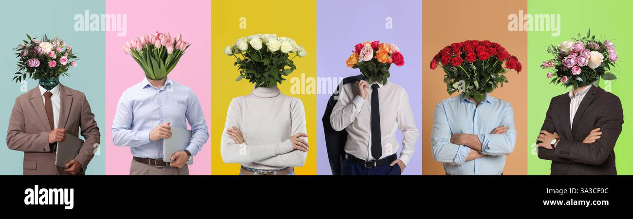 Art collage. People with bouquets of flowers instead of their heads on ...