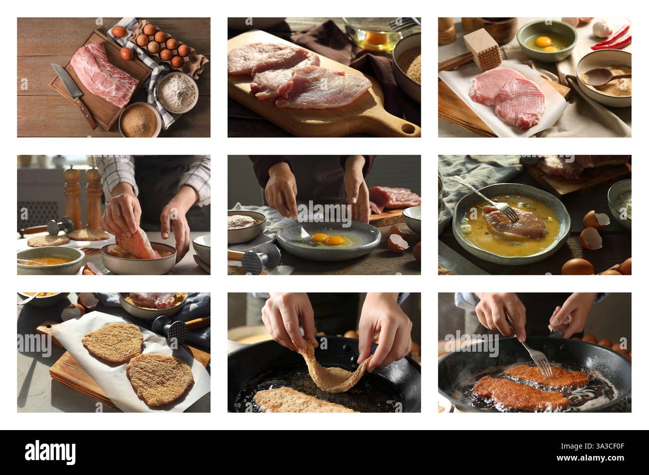 Schnitzel step-by-step recipe. Collage with photos of preparation on ...