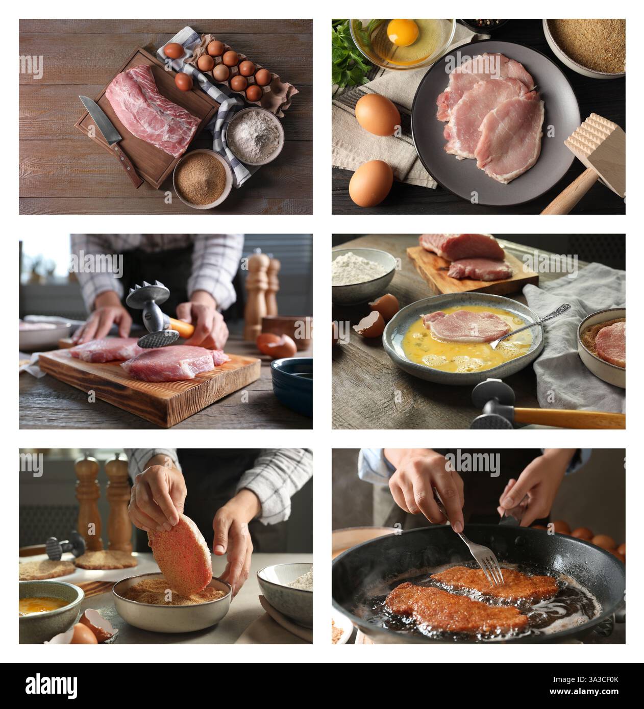 Schnitzel step-by-step recipe. Collage with photos of preparation on ...