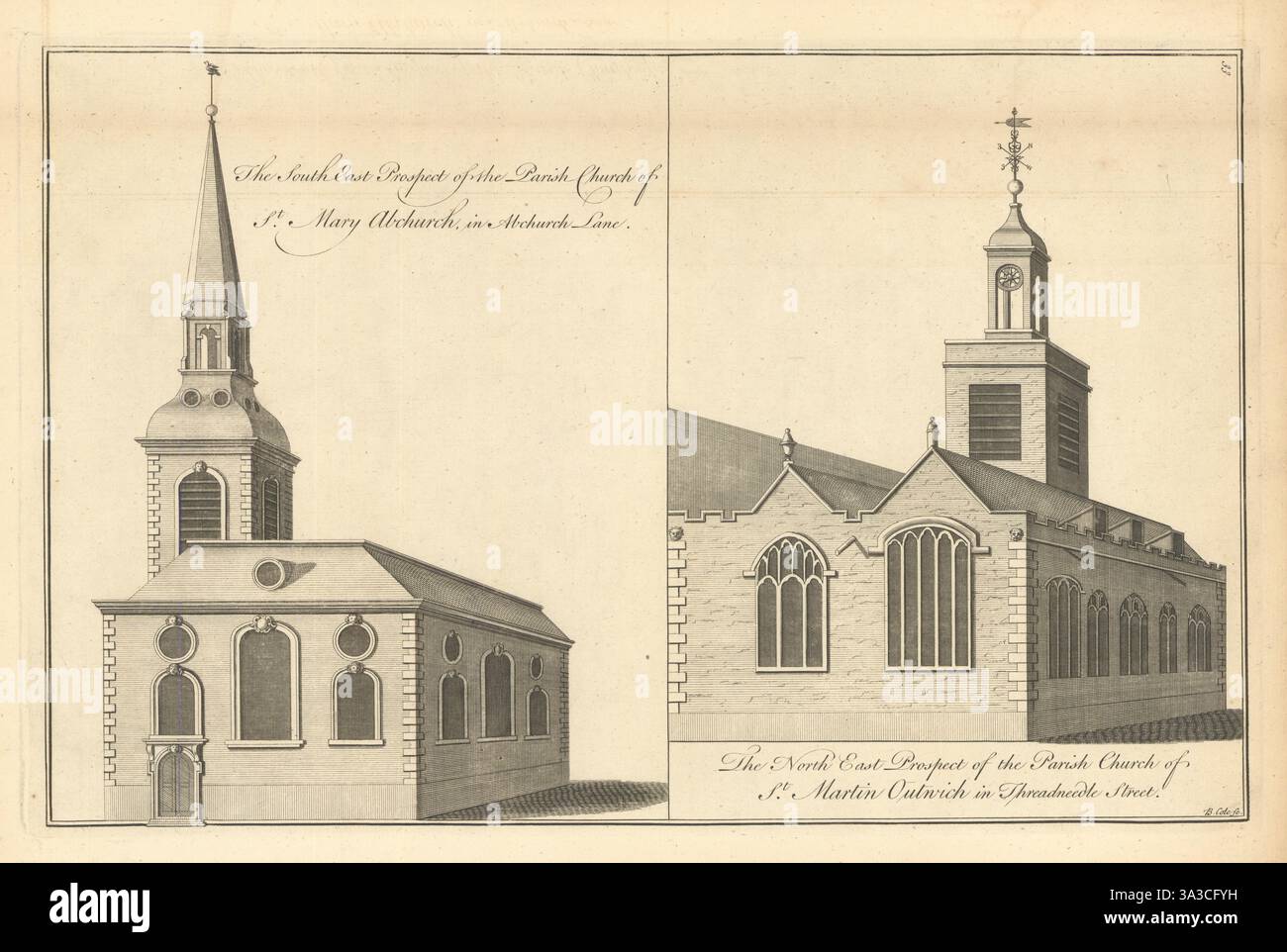 St. Mary Abchurch & St. Martin Outwich by Benjamin Cole 1760 old ...