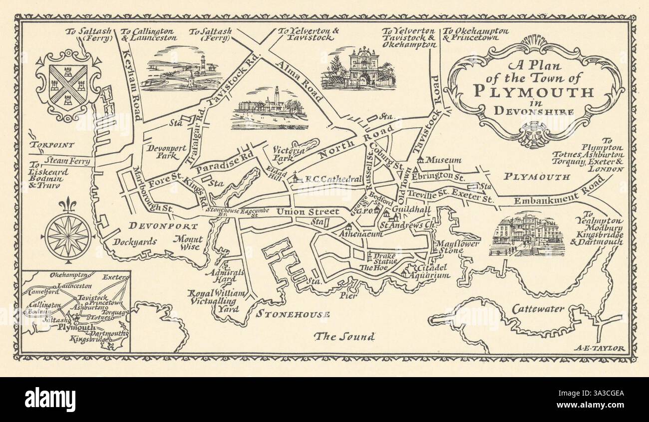 A plan of the Town of Plymouth in Devonshire by A.E. Taylor c1934 old ...