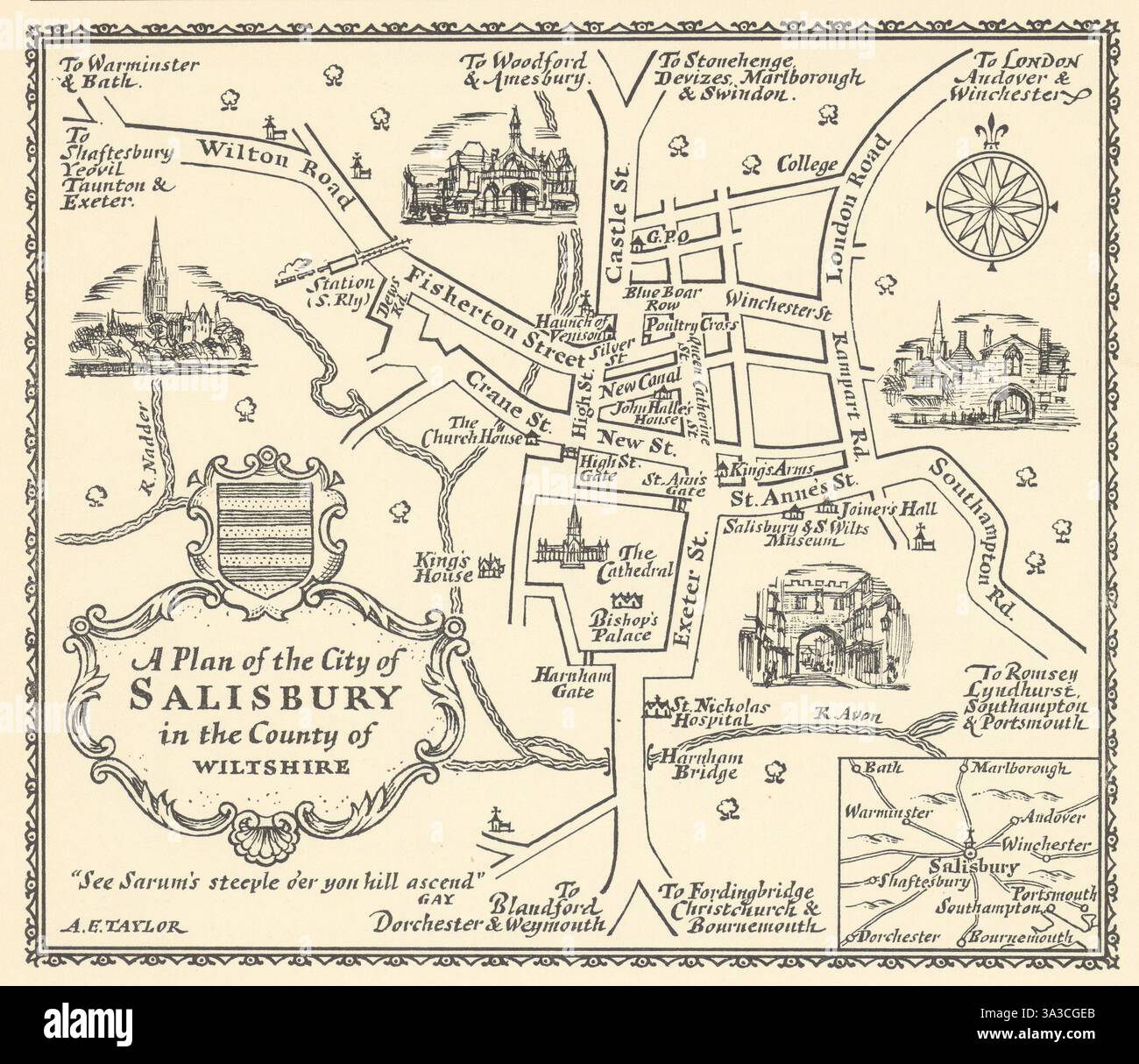 A plan of the City of Salisbury in Wiltshire by A.E. Taylor c1934 old ...
