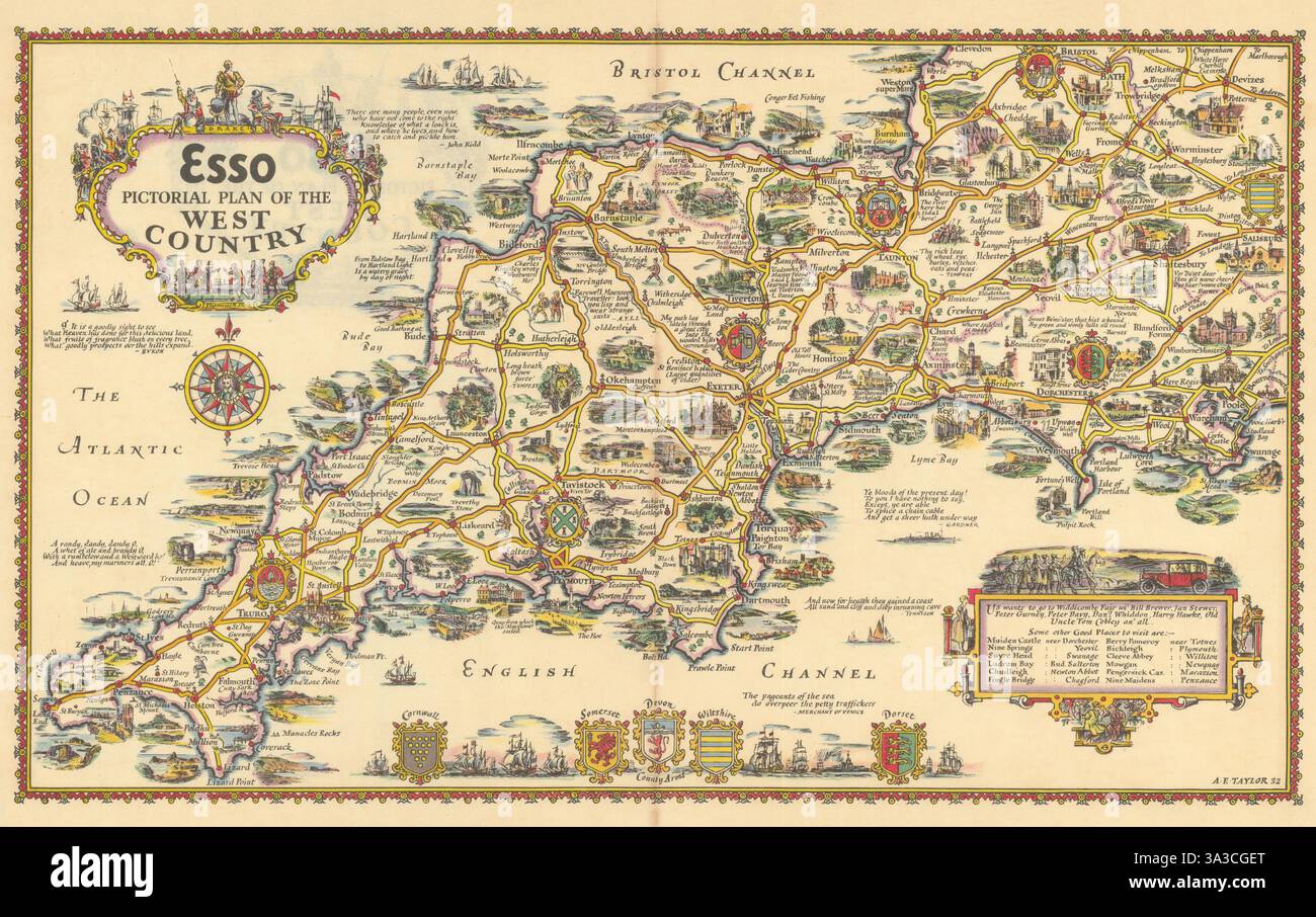 Esso pictorial plan of the The West Country by A.E. Taylor c1934 old ...