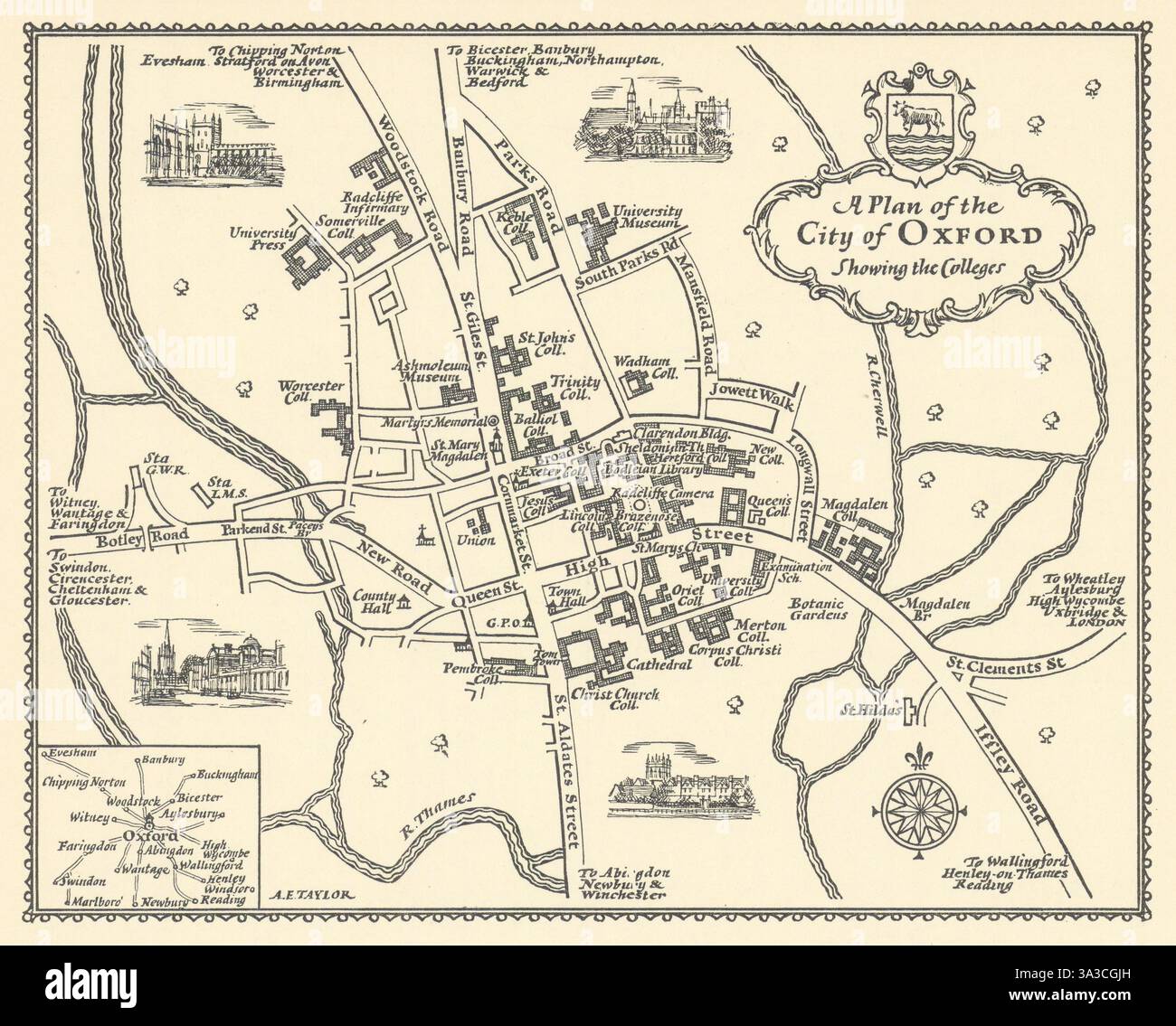A plan of the City of Oxford Showing the Colleges by A.E. Taylor c1934 ...