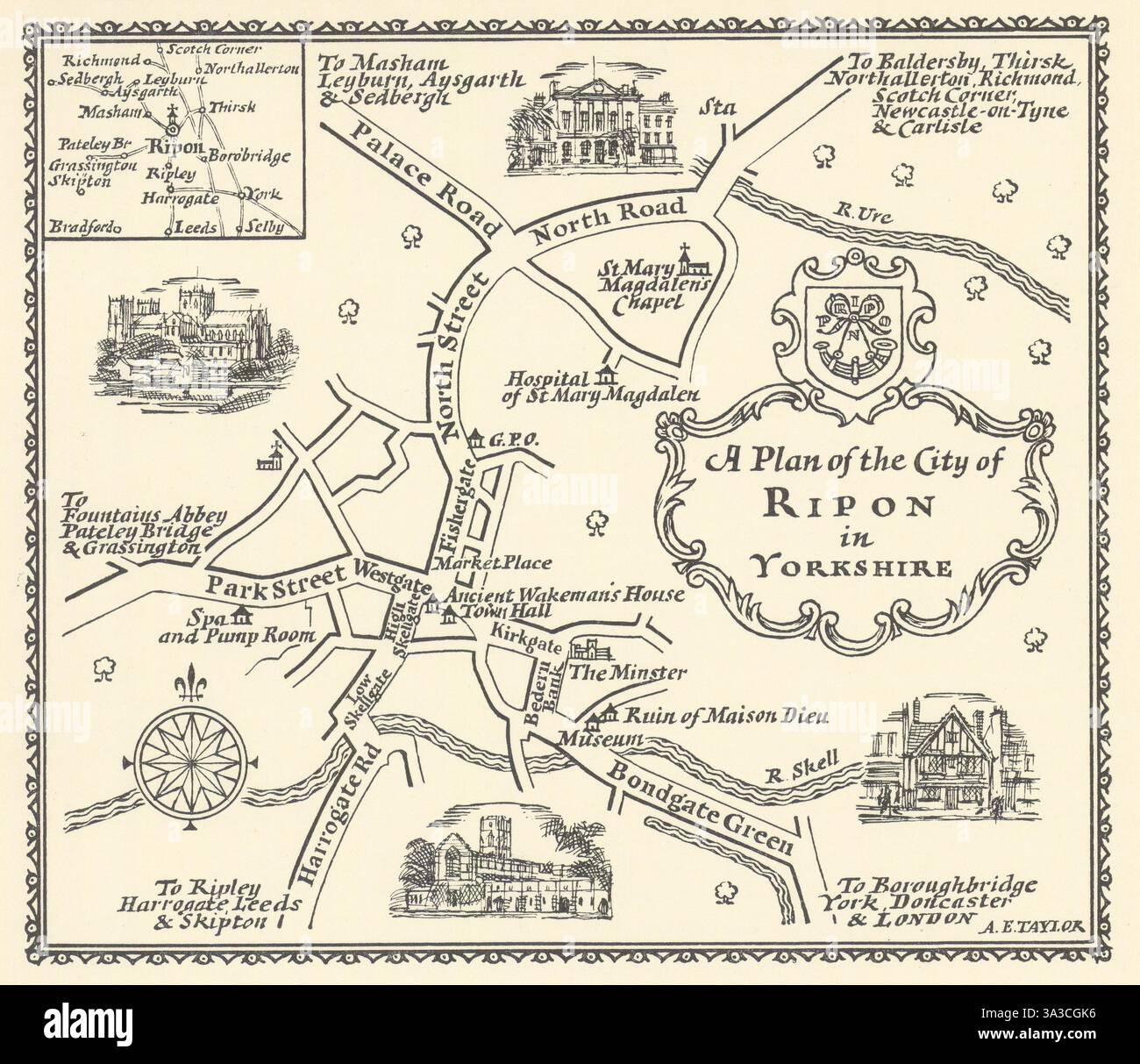 A plan of the City of Ripon in Yorkshire by A.E. Taylor c1934 old ...