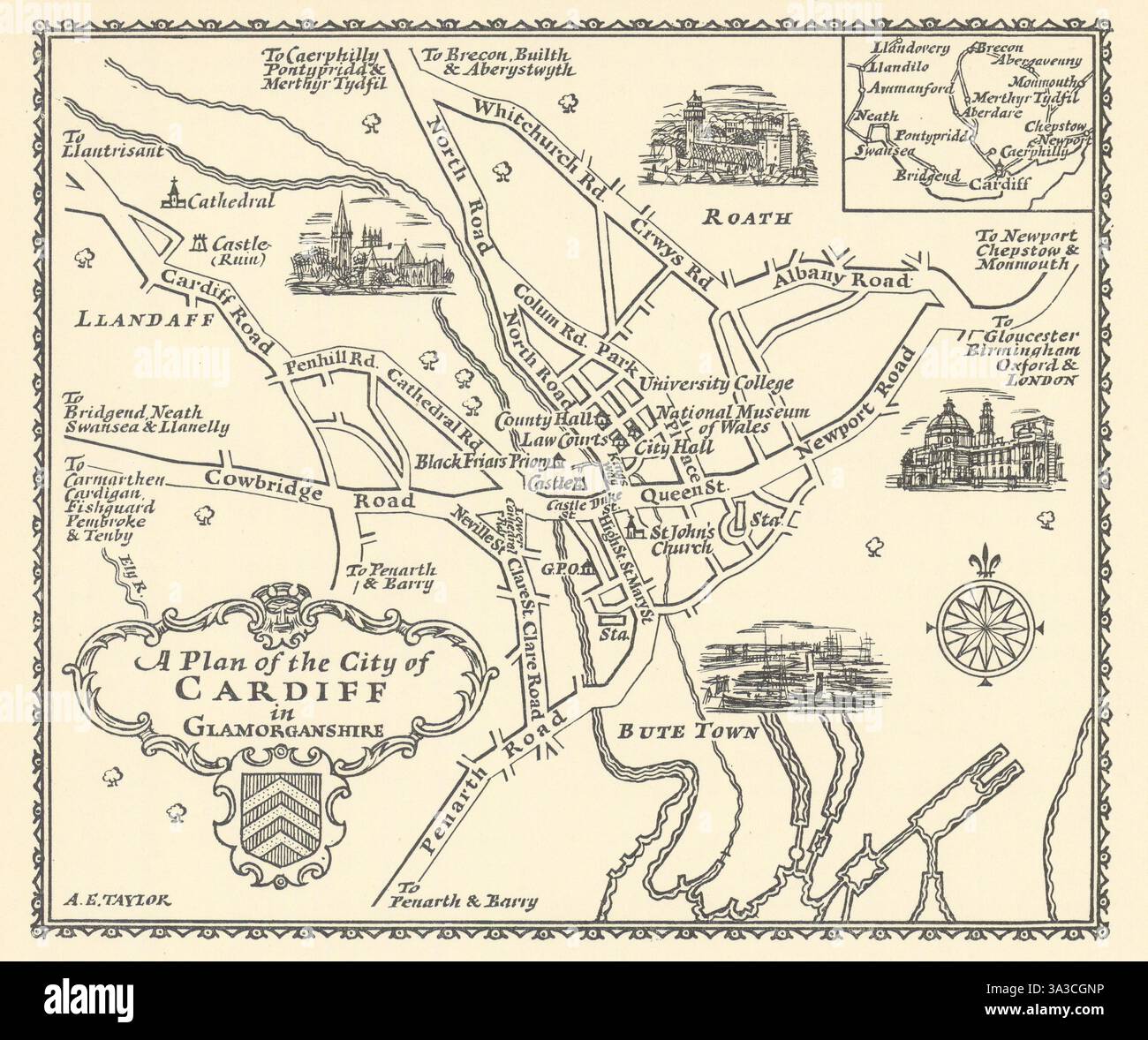 A plan of the City of Cardiff in Glamorganshire by A.E. Taylor c1934 ...