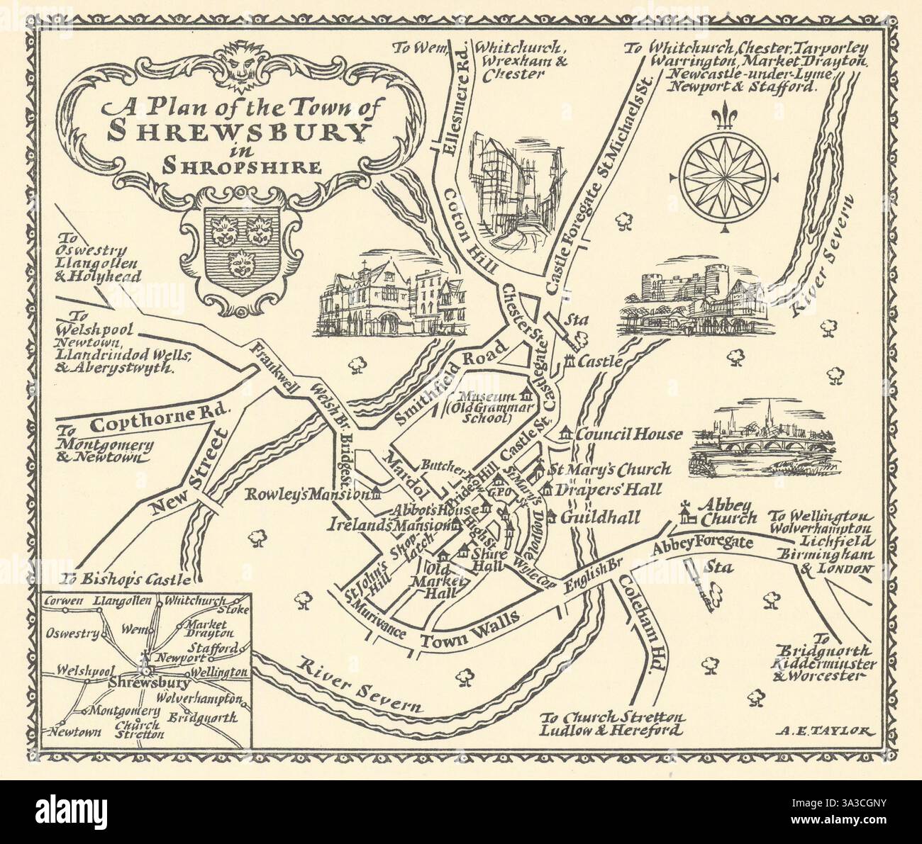 A plan of the Town of Shrewsbury in Shropshire by A.E. Taylor c1934 old ...