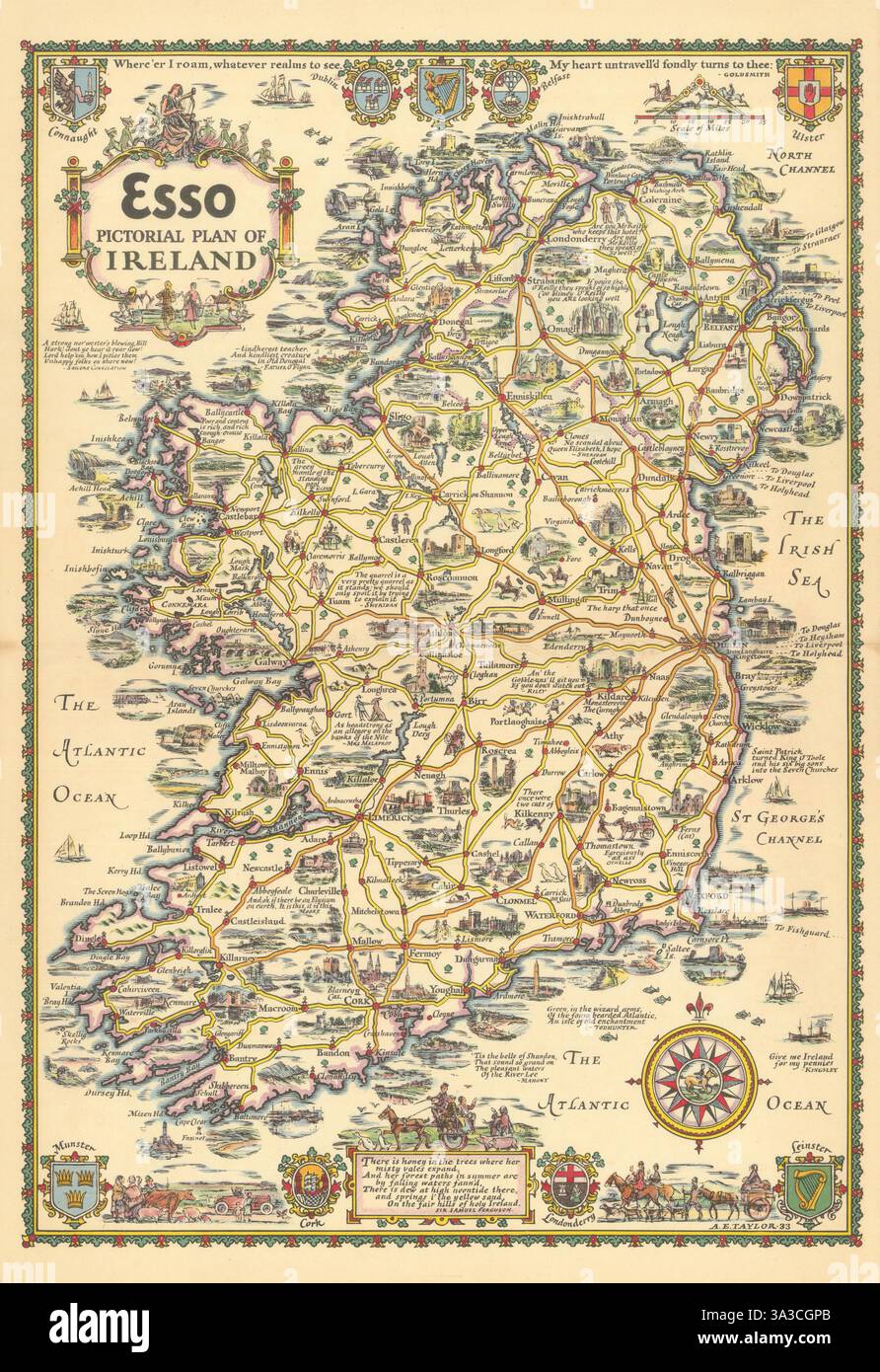 Esso pictorial plan of Ireland by A.E. Taylor c1934 old vintage map ...
