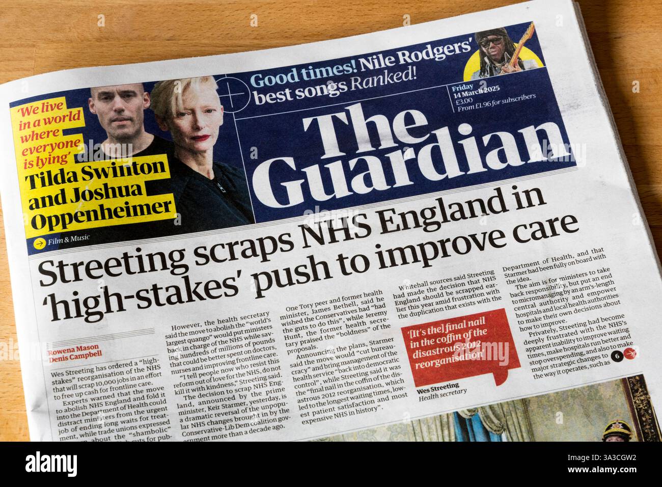 14 March 2025. Front page headline in The Guardian is Streeting scraps NHS England in 'high ...