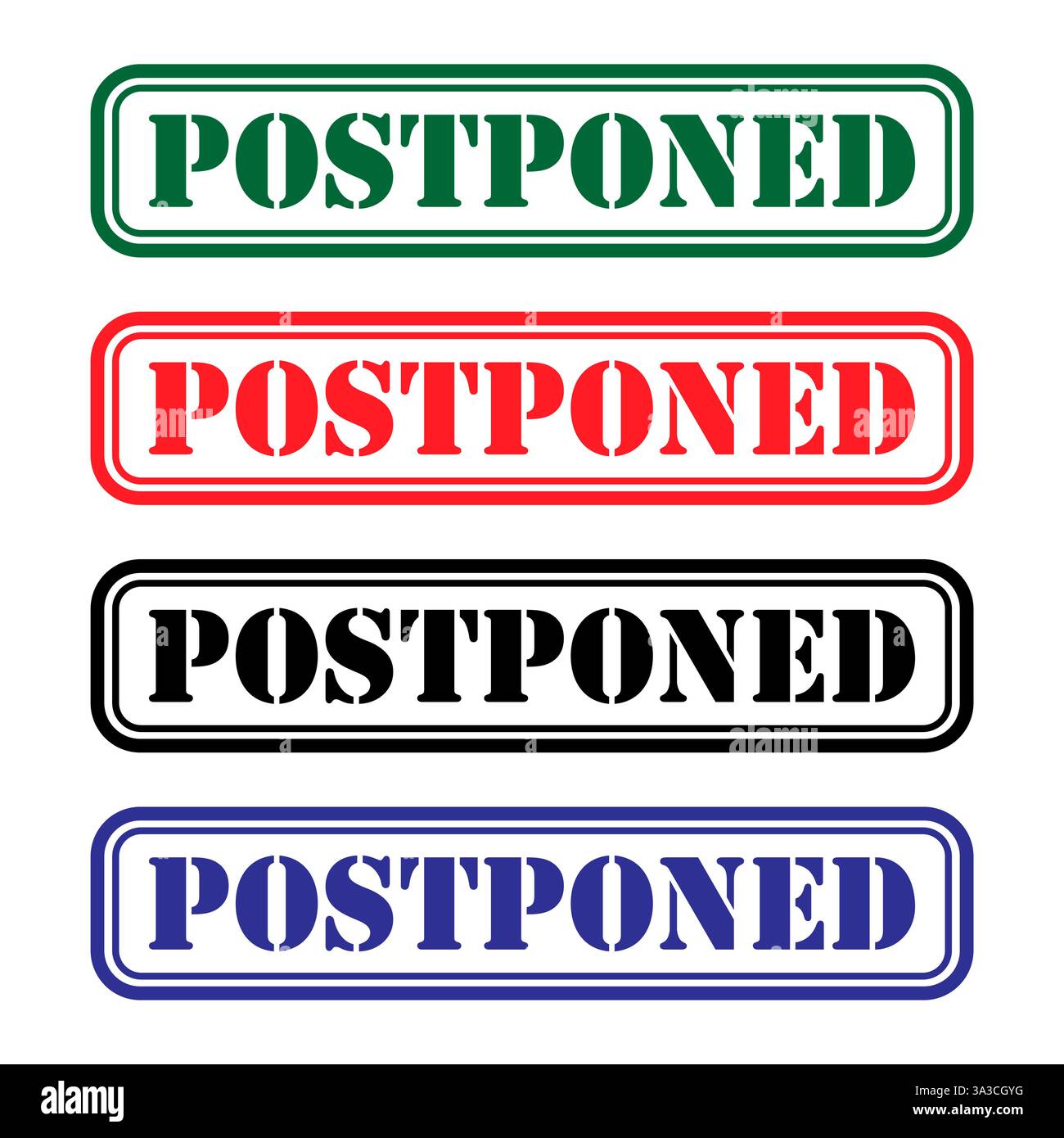 Set of Postponed stamp symbol, label sticker sign button, text banner vector illustration Stock ...
