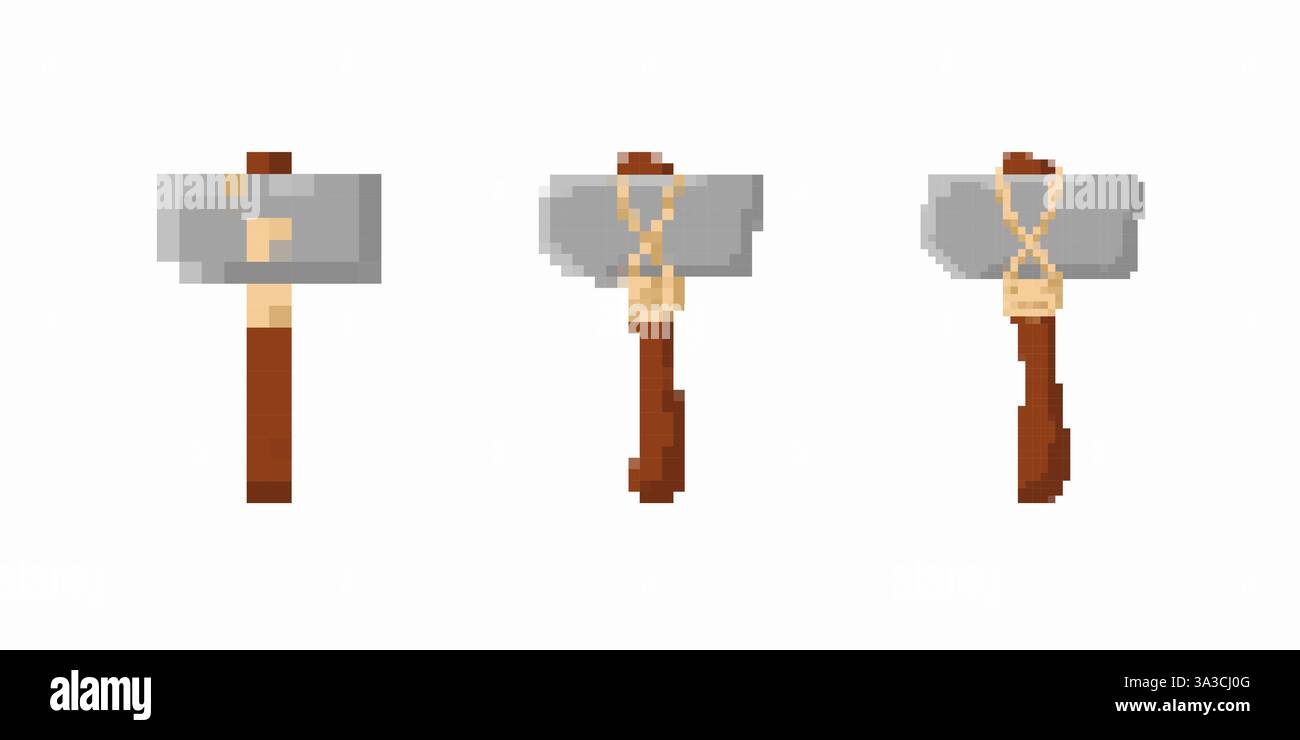 Three distinctive pixel art axes with wooden handles and metal blades ...