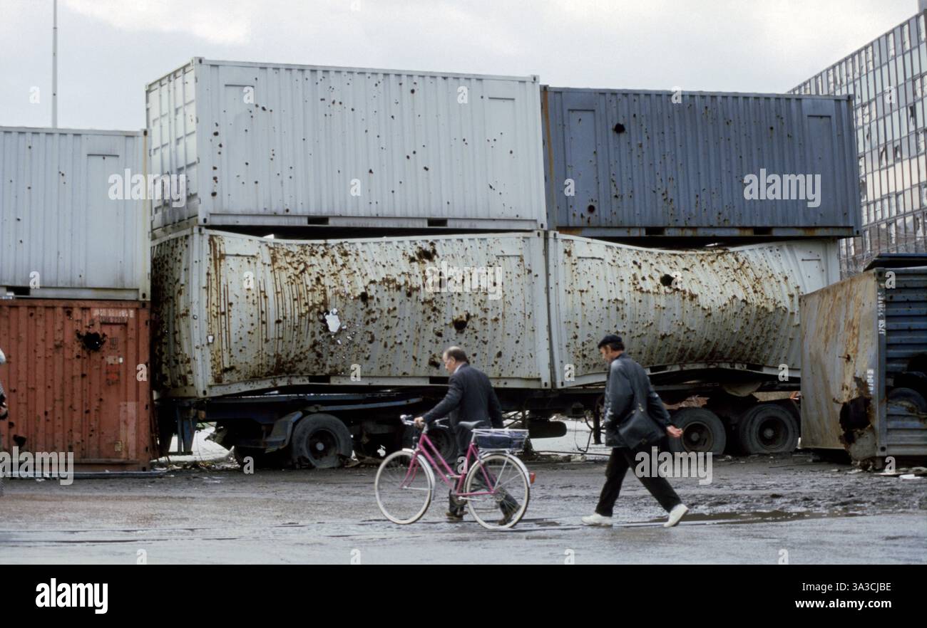 11th April 1993 During the Siege of Sarajevo: shipping containers ...