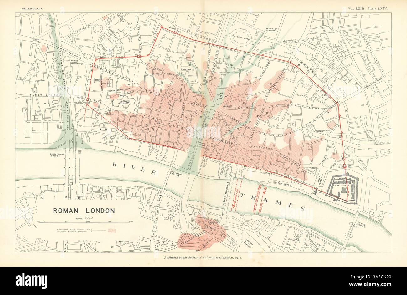 Roman London showing buildings, city walls & early bridges 1912 old map ...