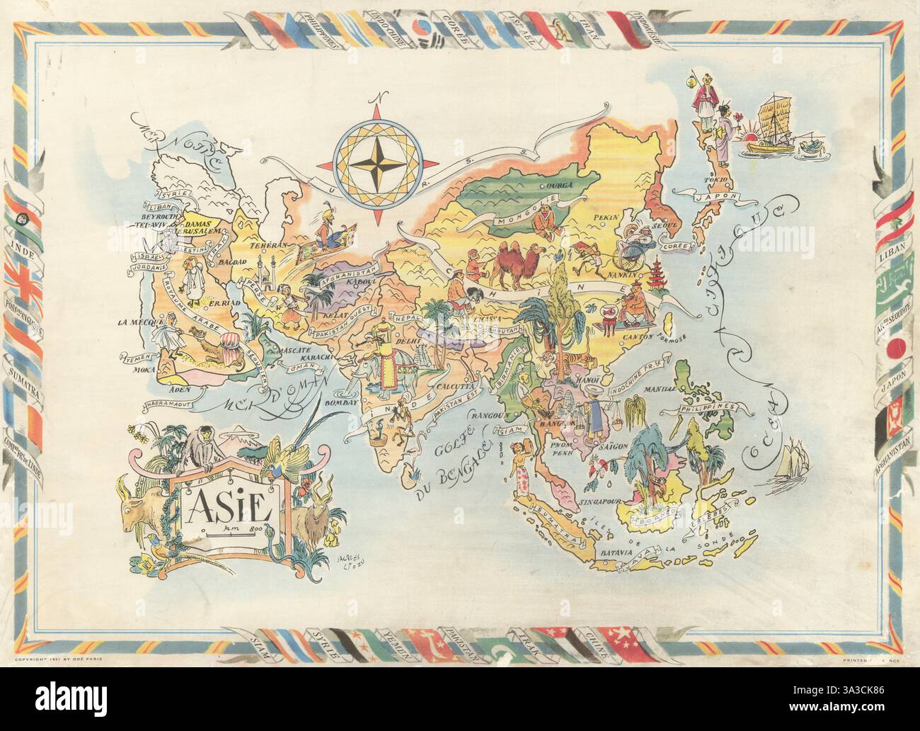 Asie. Pictorial map of Asia by Jacques Liozu 1951 old vintage plan ...