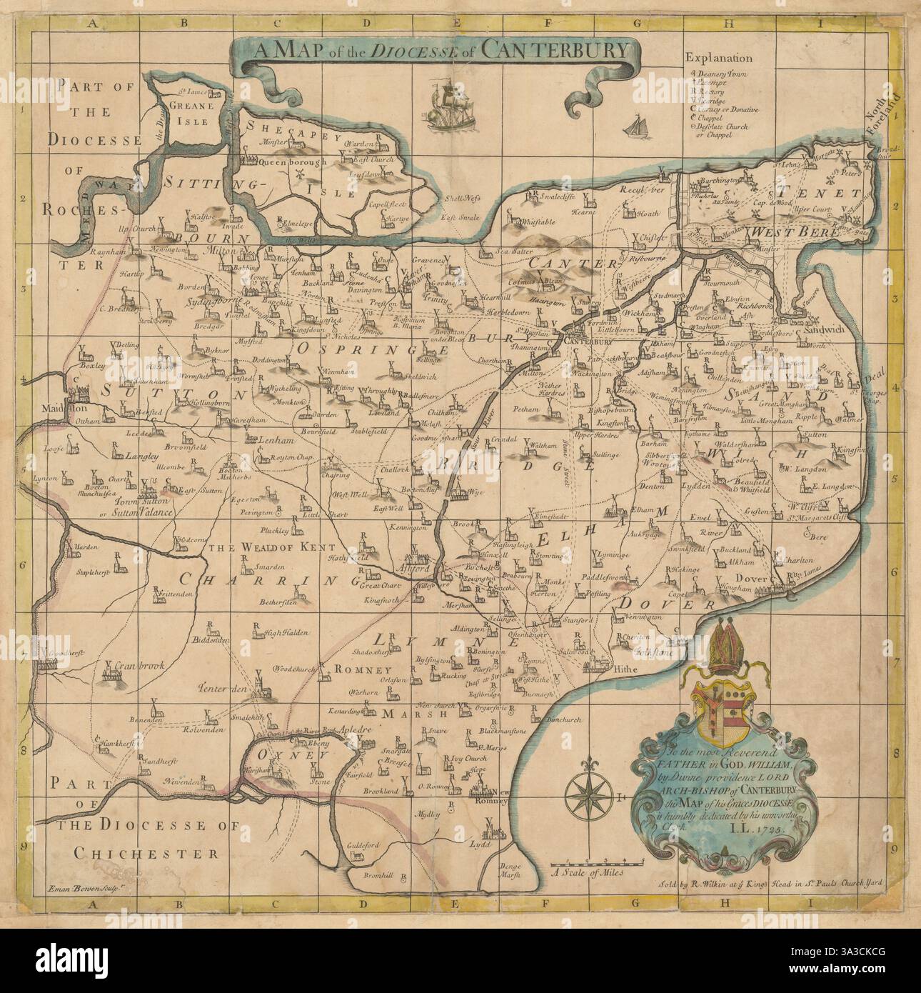 A Map of the Diocesse of Canterbury by Emanuel Bowen. Very rare 1725 ...
