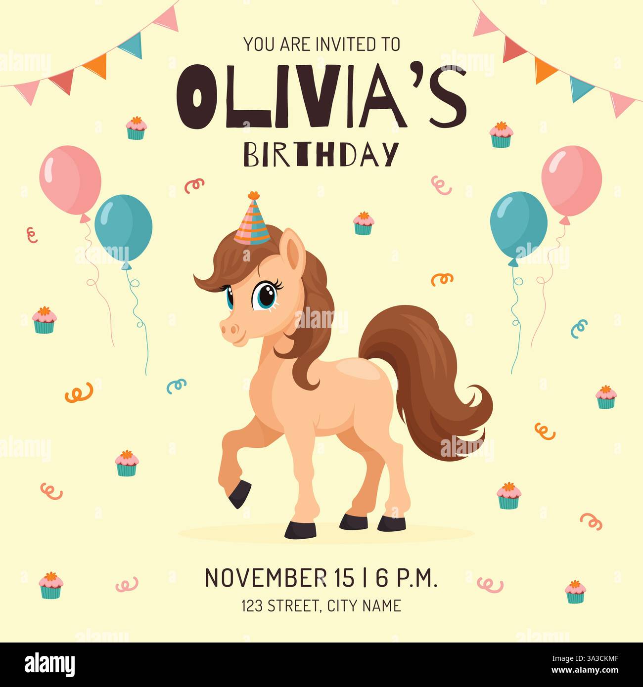 Cute Pony Birthday Party Invitation Card Flat Vector Illustration Stock ...