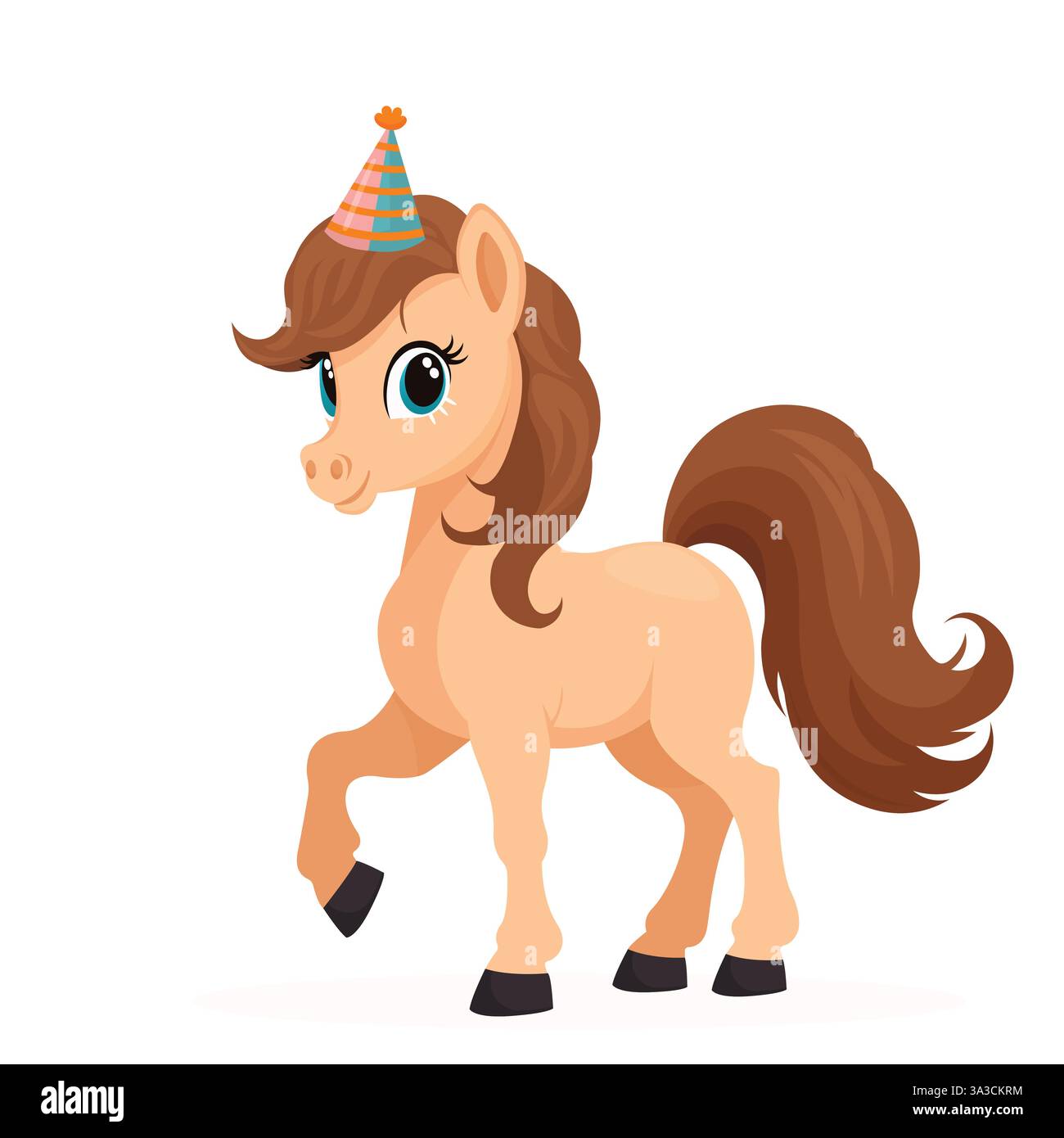 Cute Little Pony in Birthday Hat Flat Vector Illustration Isolated on ...