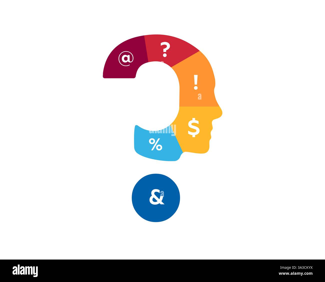 Abstract human head with symbols in question mark shape on clear white ...