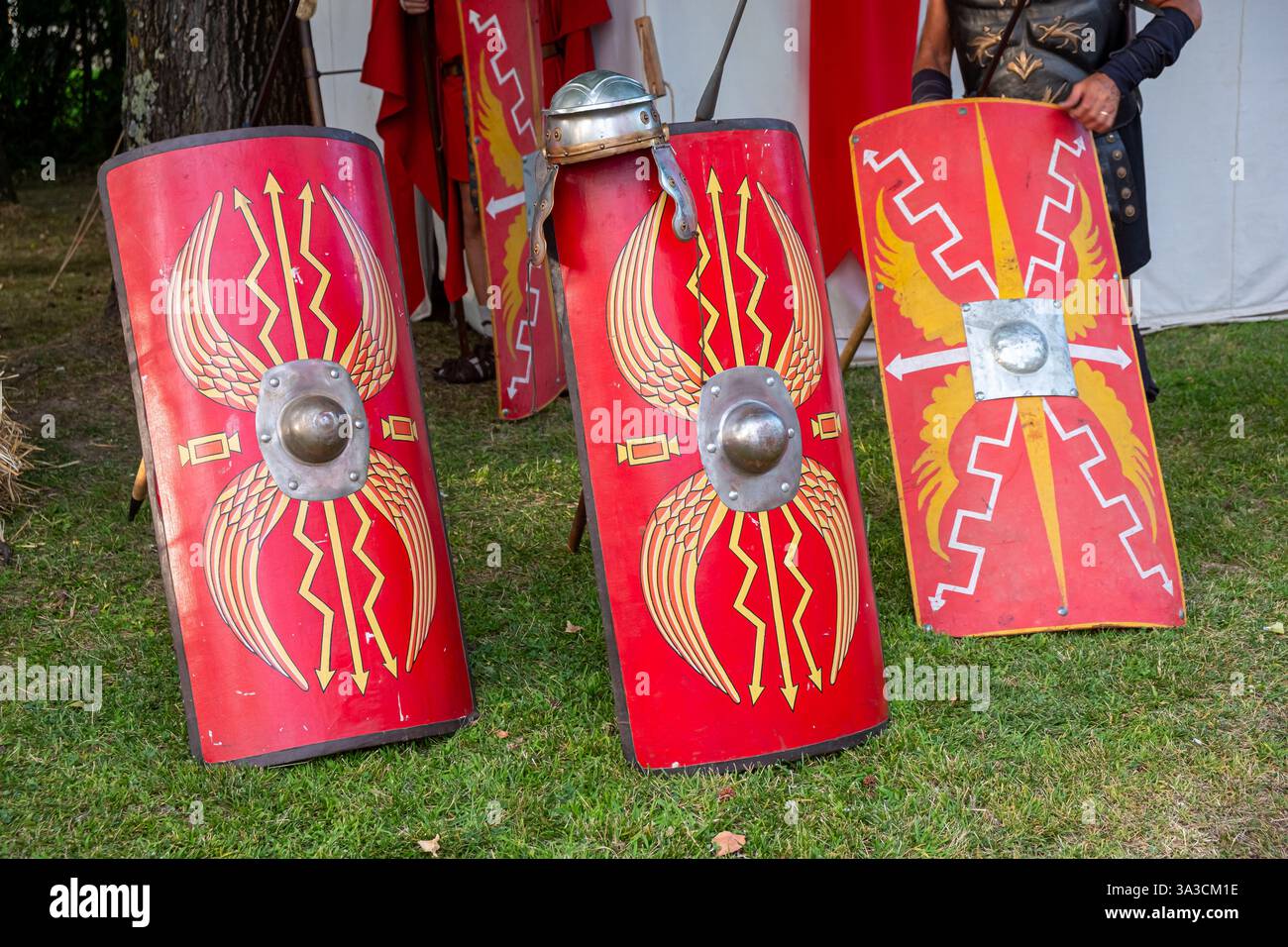 roman legionary shields on display at a historical recreation festival ...