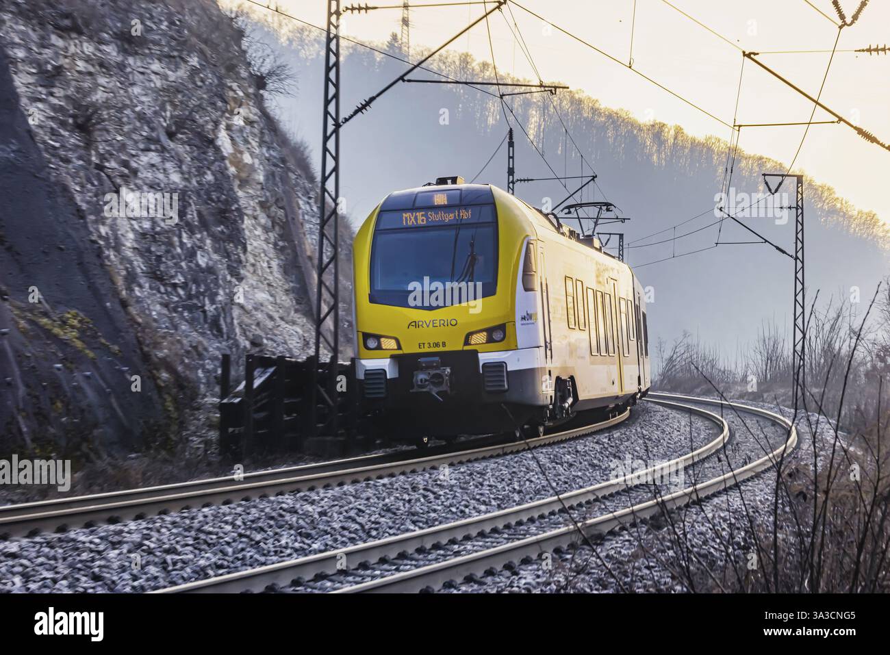 Geislinger Steige, railway line of the Filstallinie railway at dawn ...