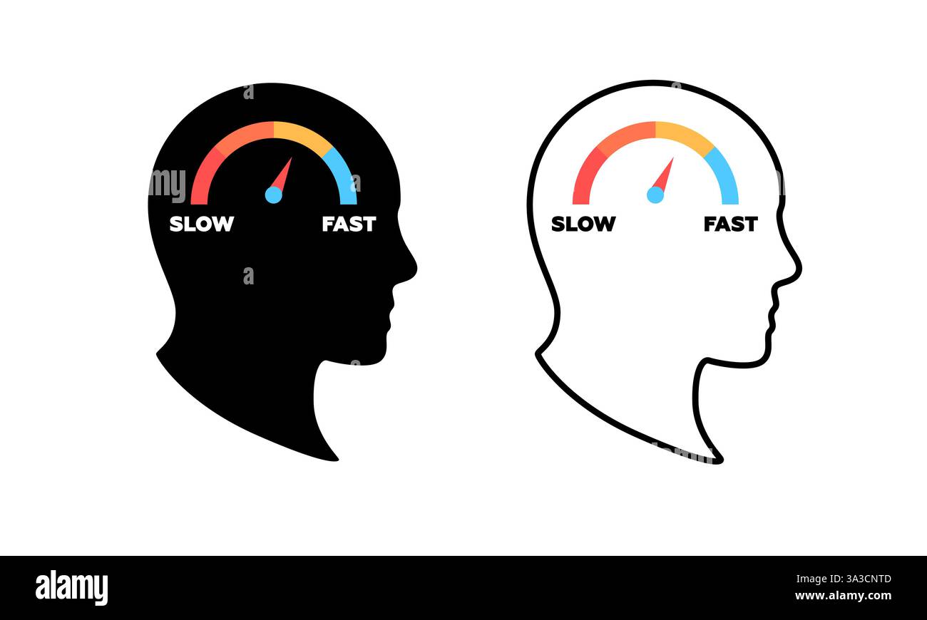 Human head silhouettes with speedometer illustrating slow to fast ...