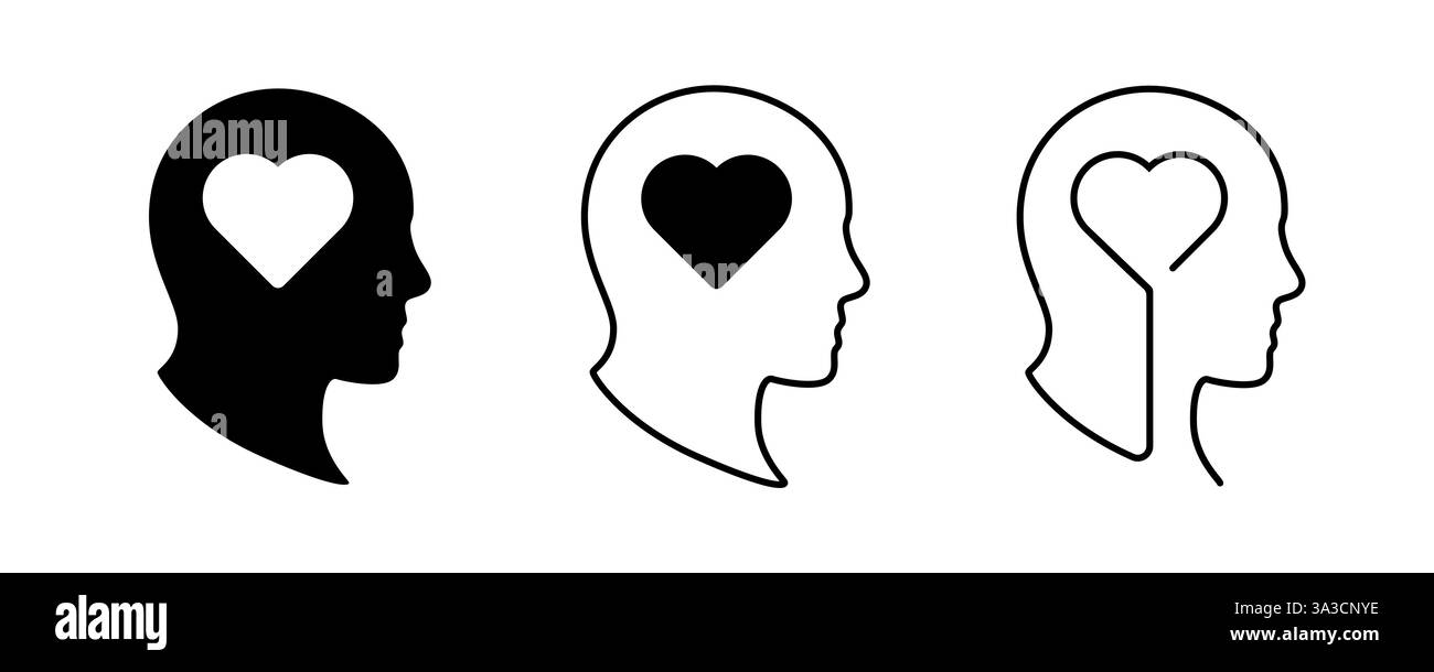 Three head silhouettes with heart icons reflecting emotion and thought ...